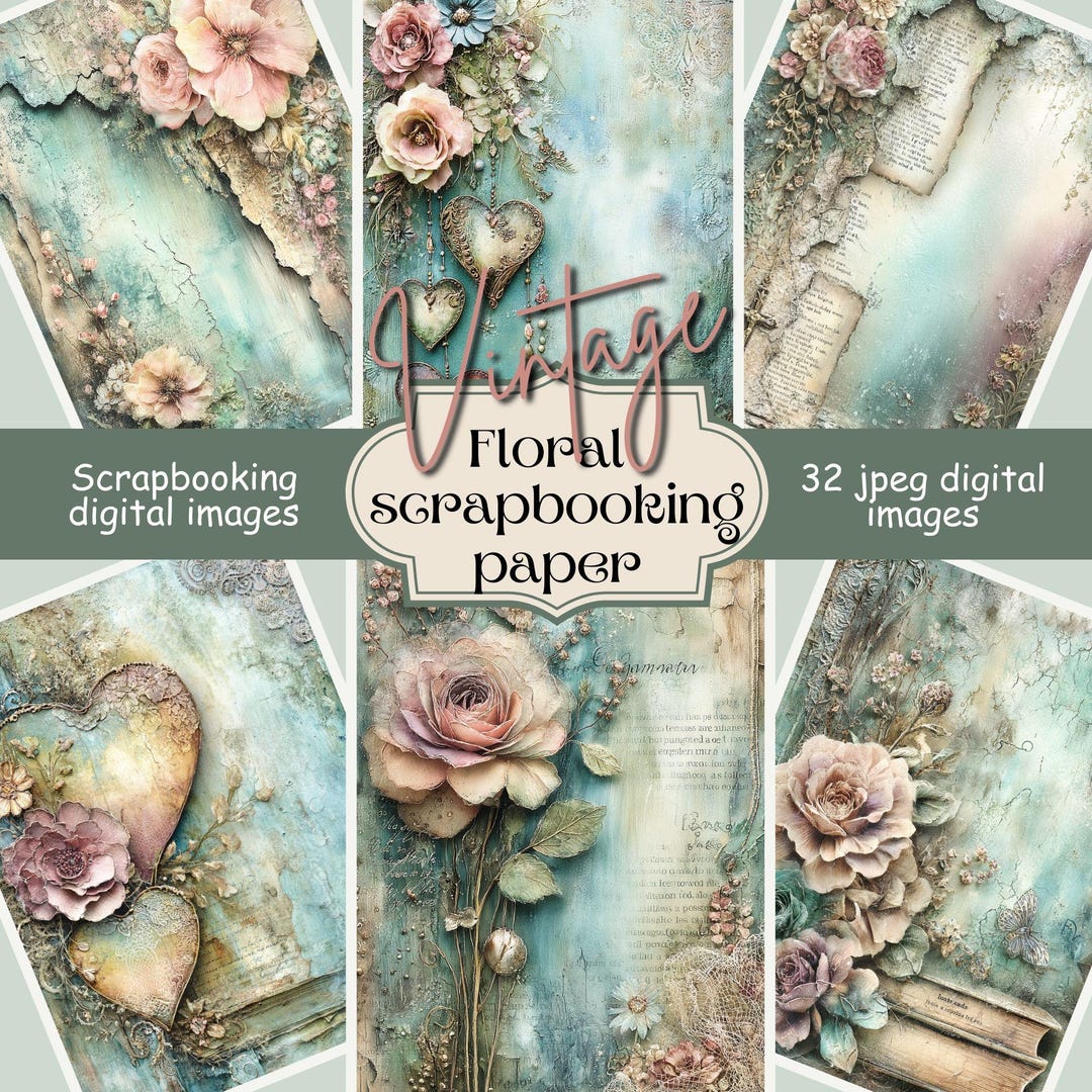 Watercolor Grunge Scrapbook Backgrounds | Blue & Mauve Floral Hearts ...