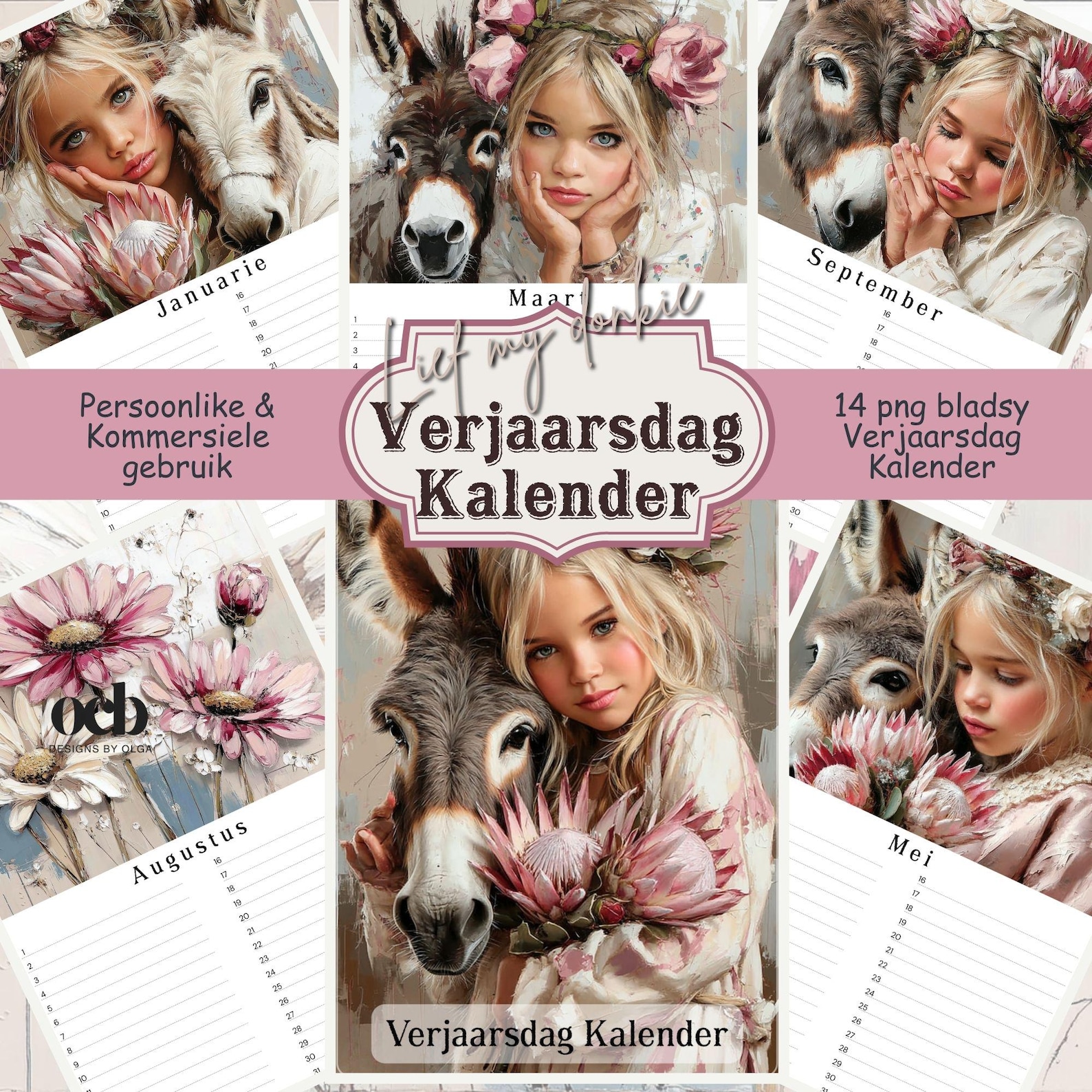 Verjaarsdag Kalender | 12 Maand Watercolor Meisie Met Donkie | PNG ...