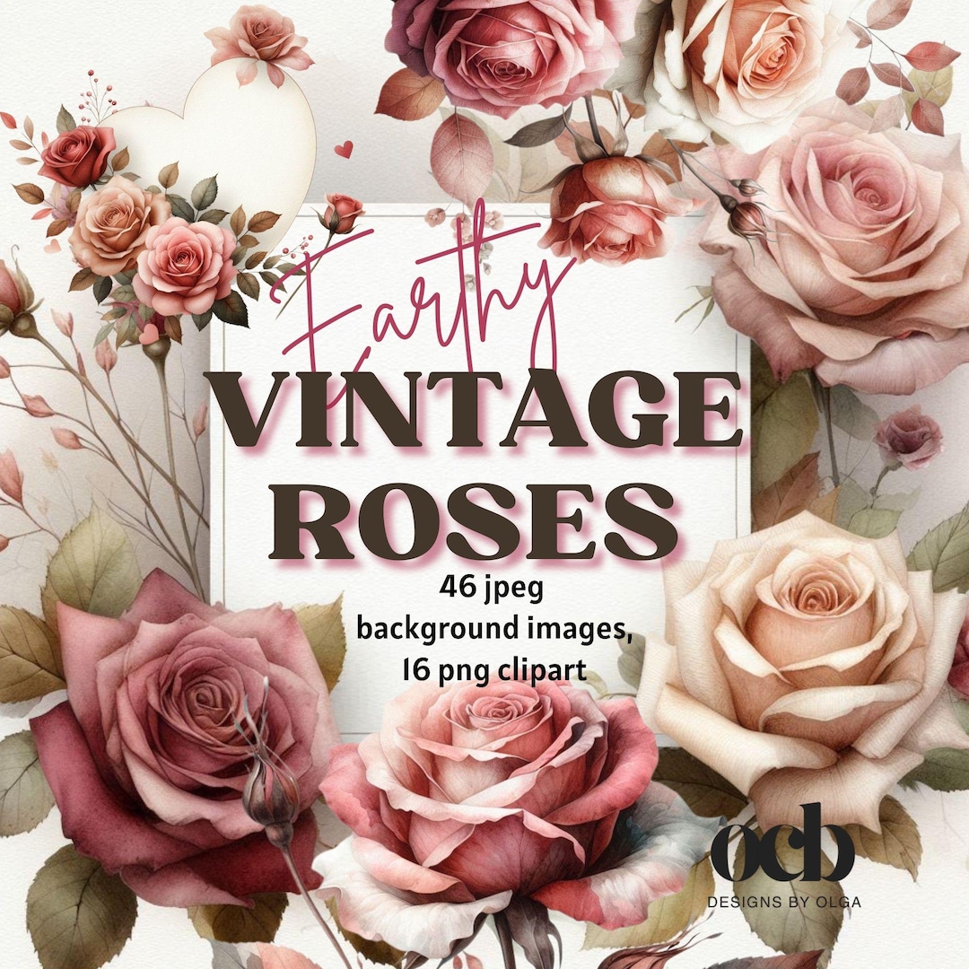 Earthy Vintage Rose Transparent Clipart, Watercolor Vintage Rose ...