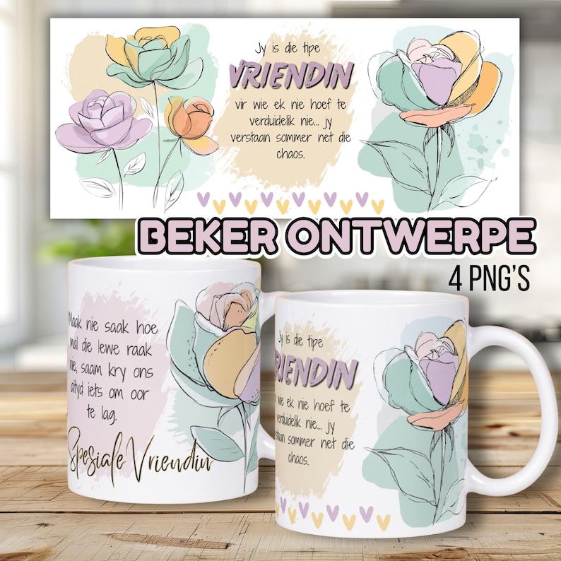 Vriendin Beker Ontwerpe PNG, Pastel Blom Mug Designs, 4 Floral Vriendin ...