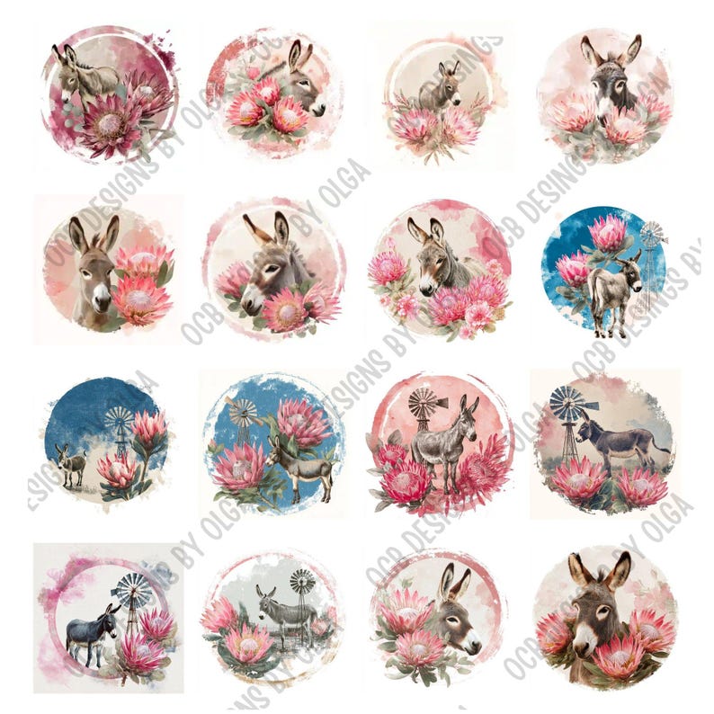 Watercolor Donkey and Protea Designs | Round & Square JPEG Images - Etsy