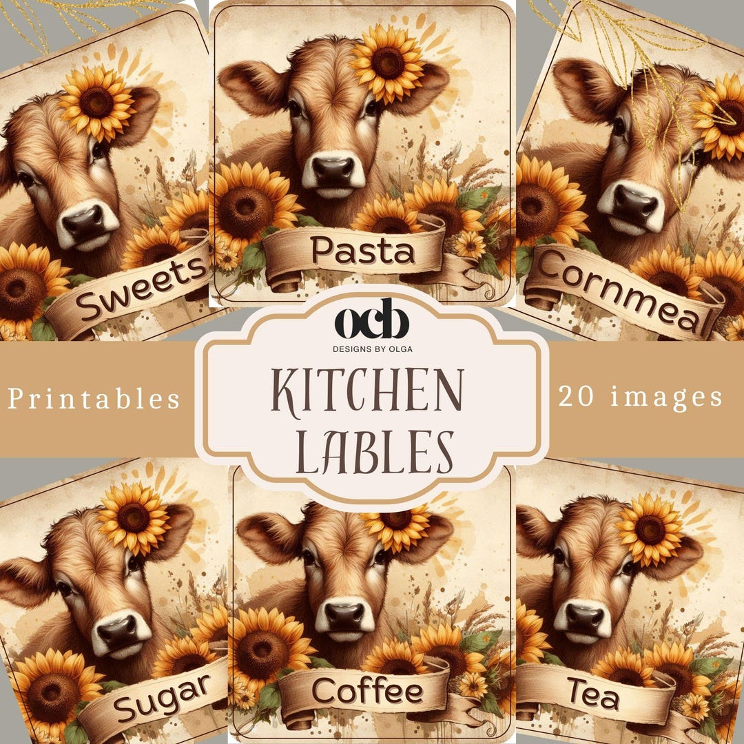 Lables for Kitchen Coffee and Tea Containers or Bottles, Heifer Theme ...