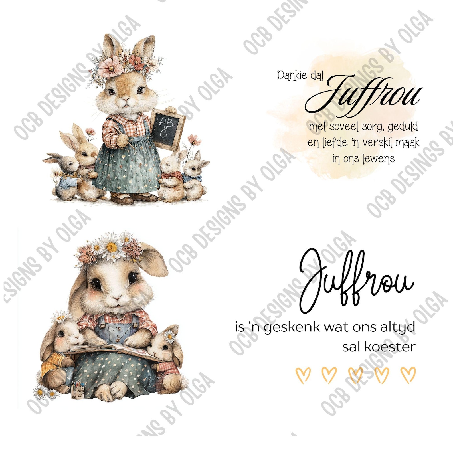 Afrikaanse Juffrou Beker Ontwerpe | Waterverf Hasie Tema | 6 PNG ...