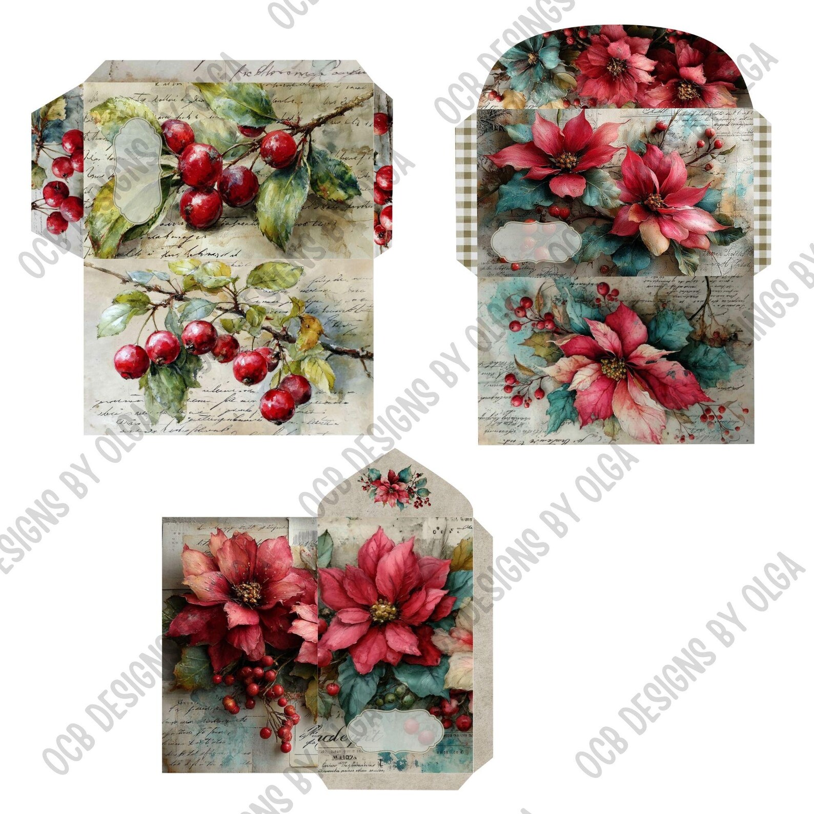 Watercolor Christmas Envelopes | Holly & Poinsettia Designs | 8 PNG ...