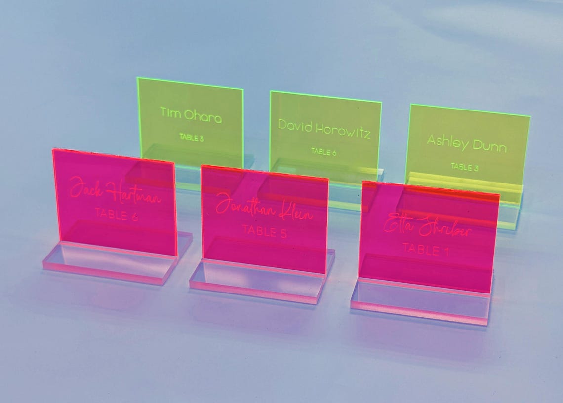 Acrylic Place Cards, Fluorescent Place Cards, Wedding Place Cards ...