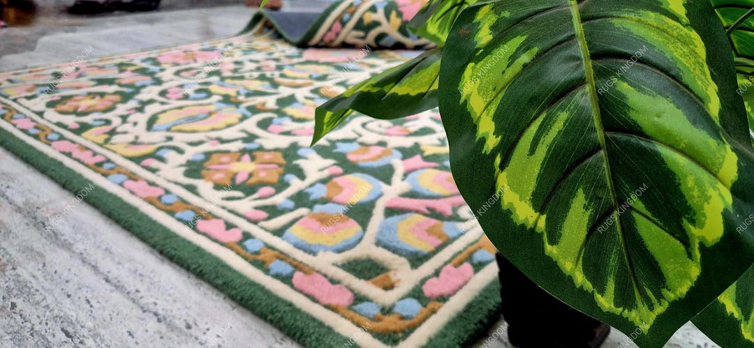 Tali Hand-tufted 100% Wool Area Rug, Green Floral Design Loop Cut ...