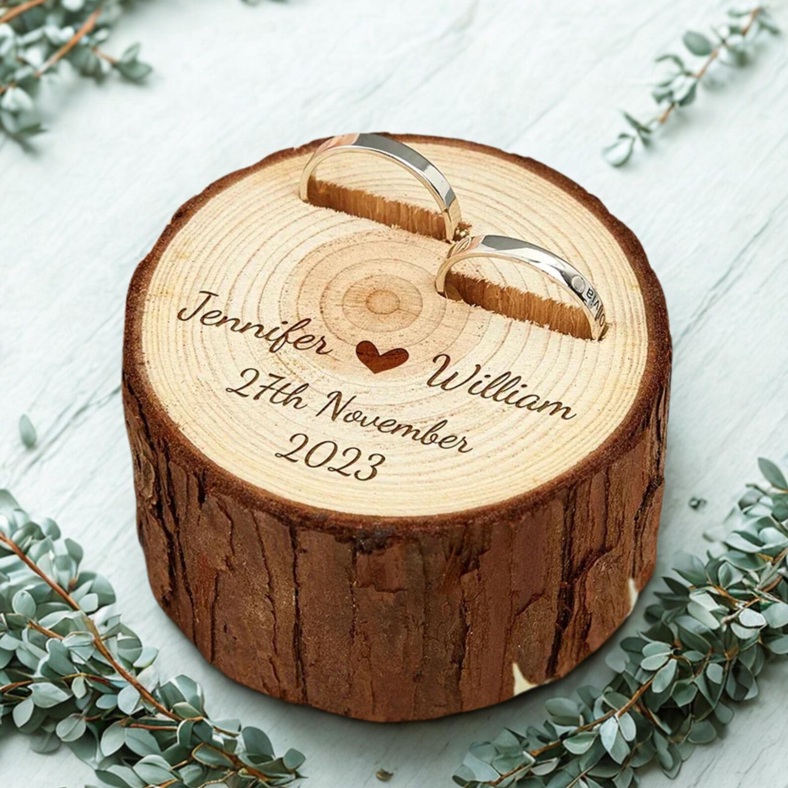 Personalised Wooden Ring Holder – Engraved Rustic Wood Log With Double ...