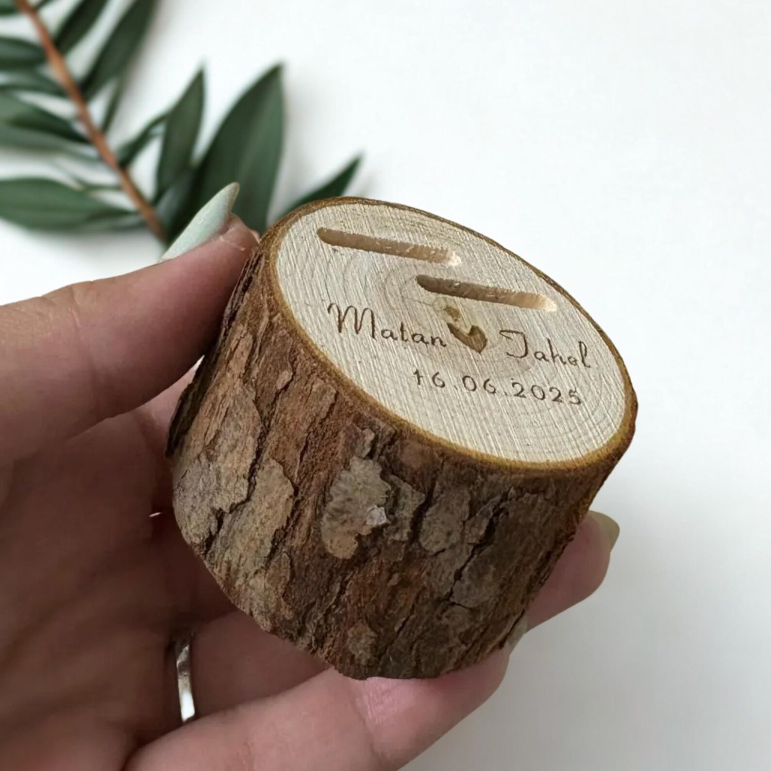 Personalised Wooden Ring Holder – Engraved Rustic Wood Log With Double ...