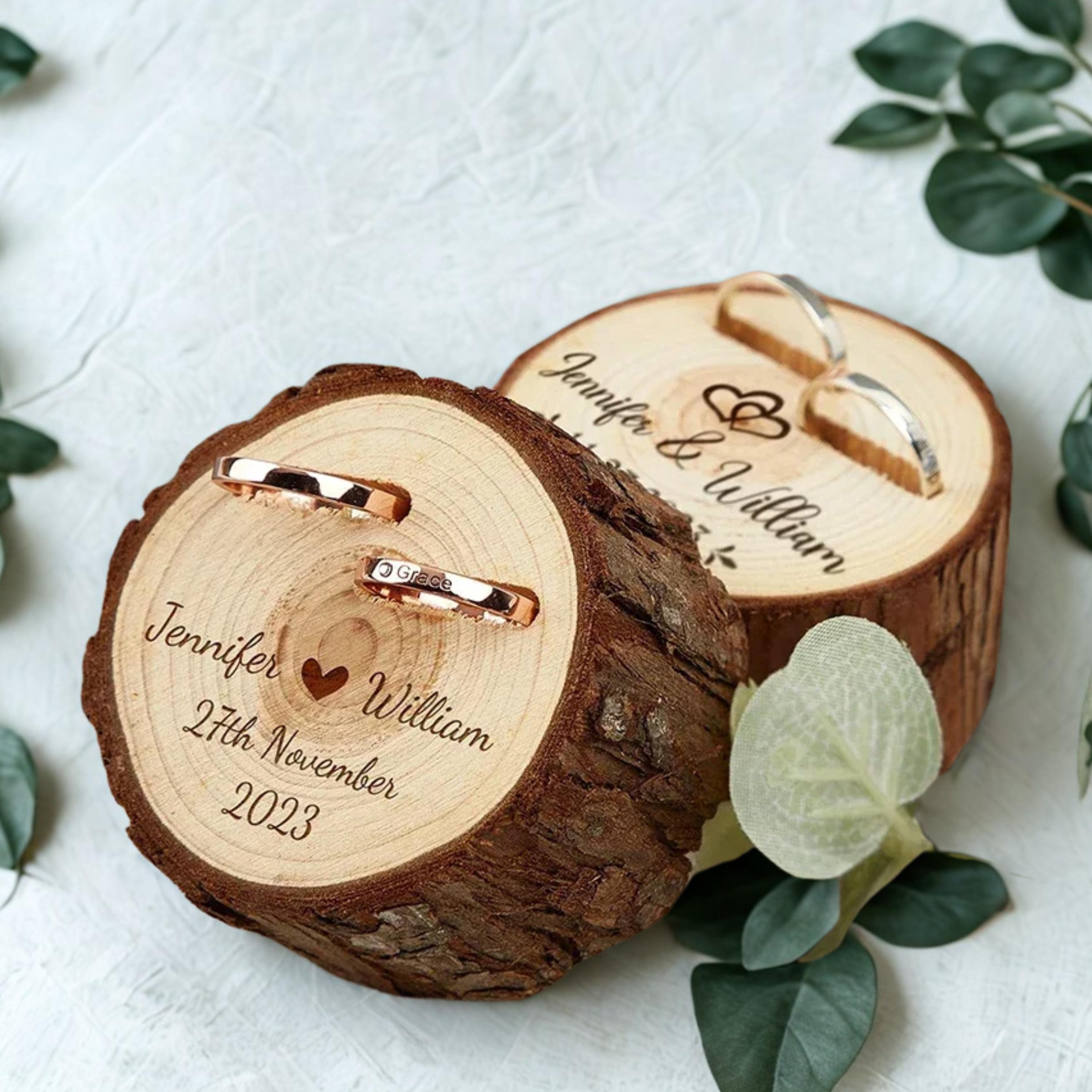 Personalised Wooden Ring Holder – Engraved Rustic Wood Log With Double ...