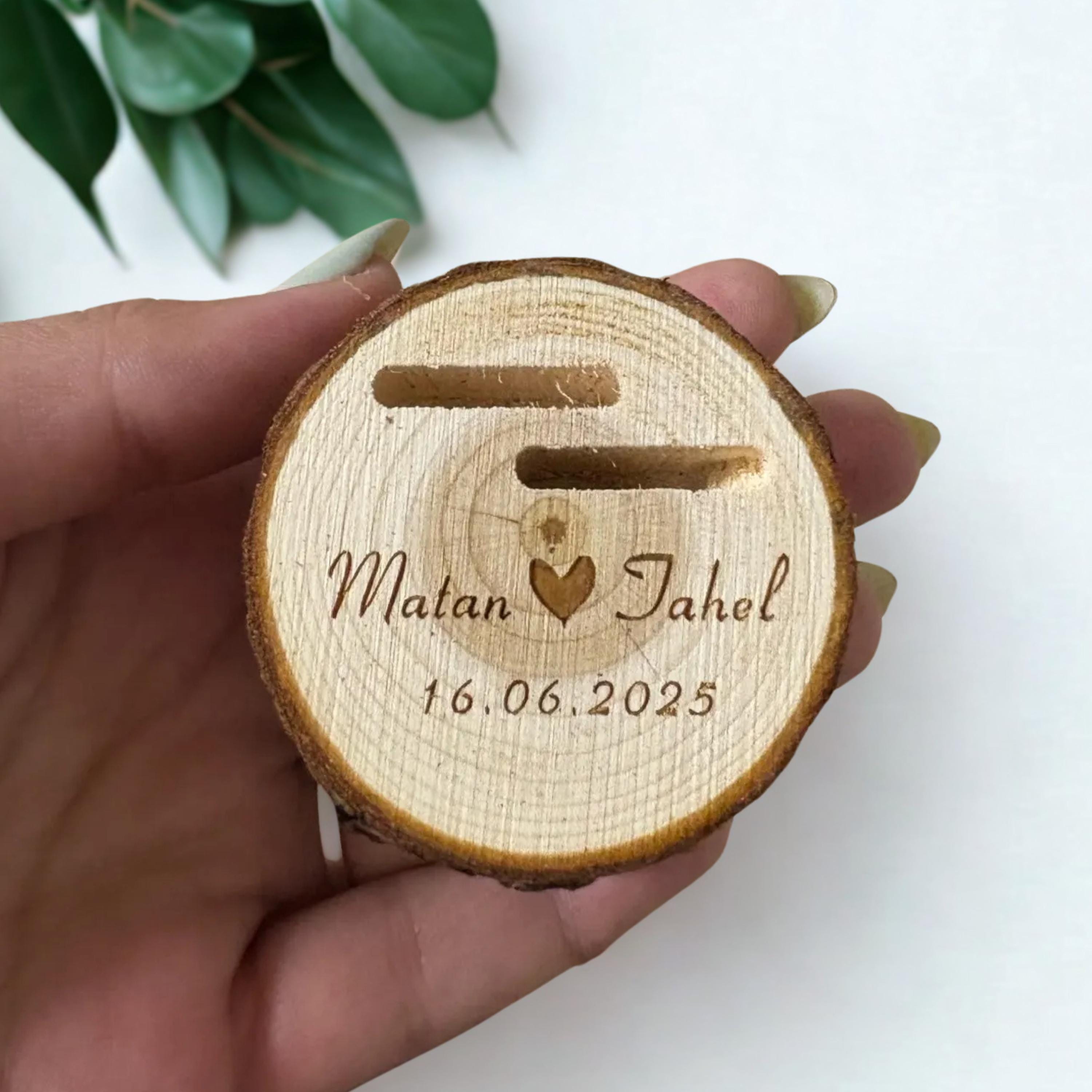 Personalised Wooden Ring Holder – Engraved Rustic Wood Log With Double ...