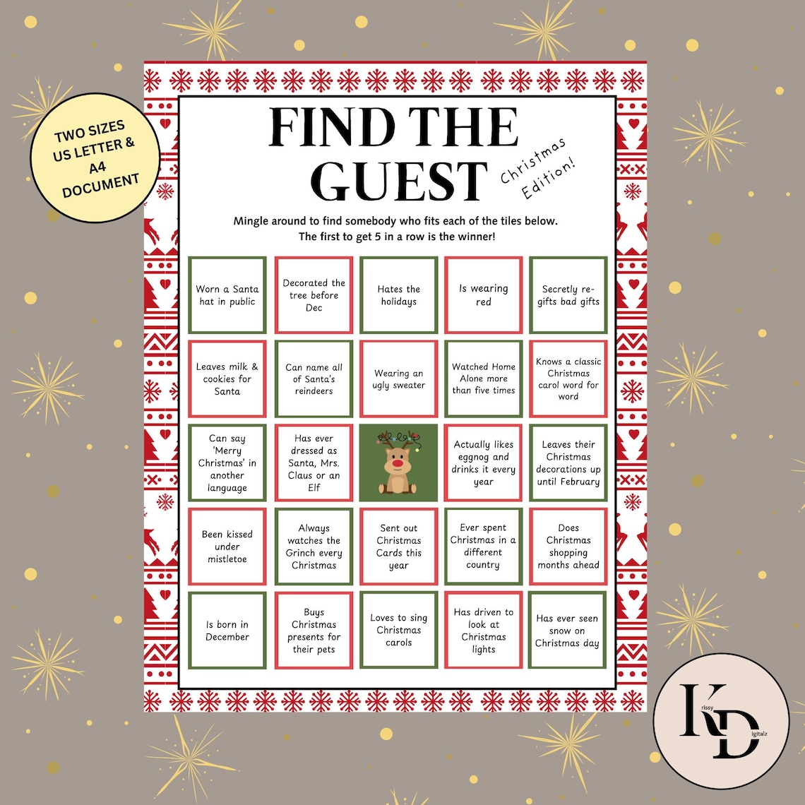 Find the Guest Christmas Bingo Game, Printable Christmas Activity for ...