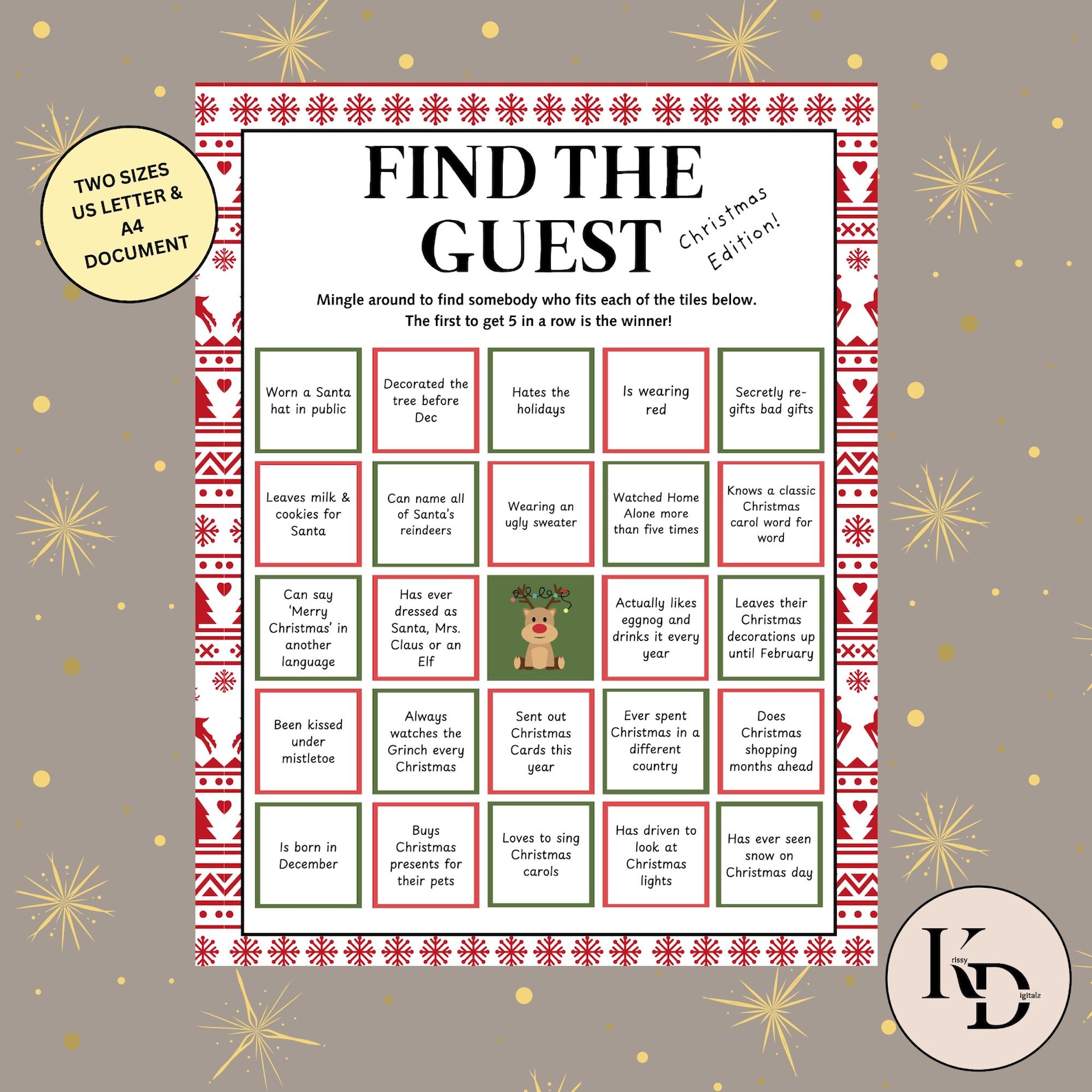 Find the Guest Christmas Bingo Game, Printable Christmas Activity for ...