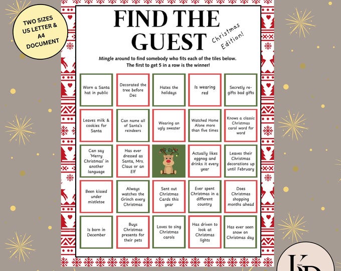 Find the Guest Christmas Game, Find the Guest Bingo, Christmas Party ...