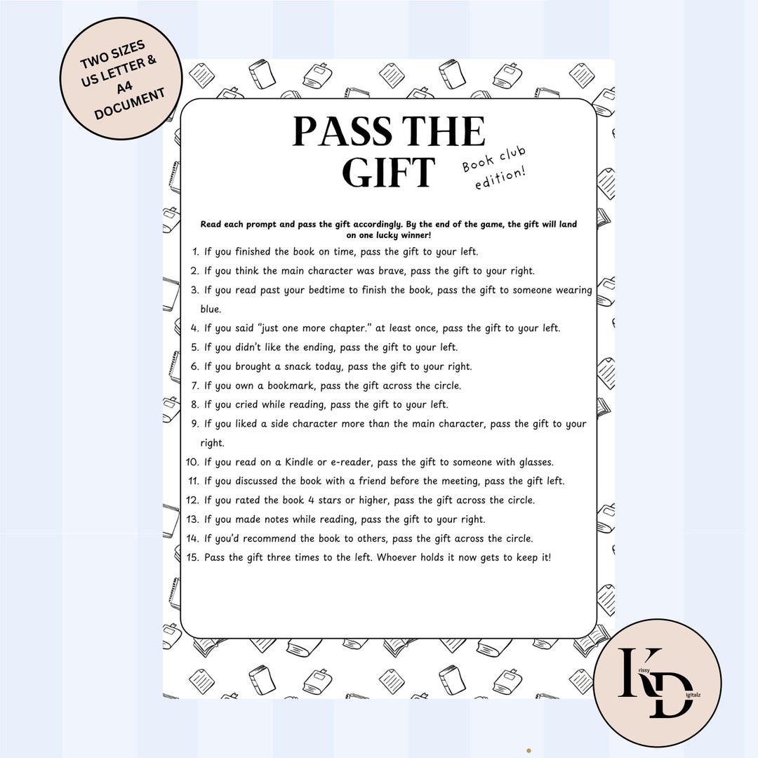 Pass the Gift Book Club Games, Printable Book Club Icebreaker Game ...