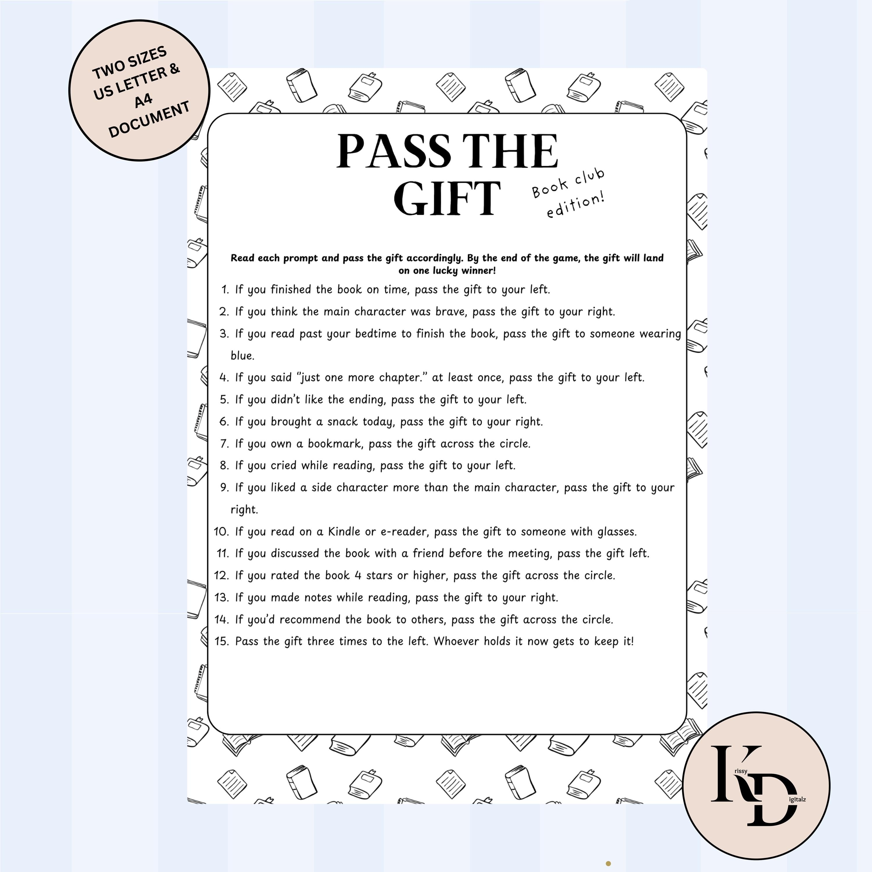 Pass the Gift Book Club Games, Printable Book Club Icebreaker Game ...