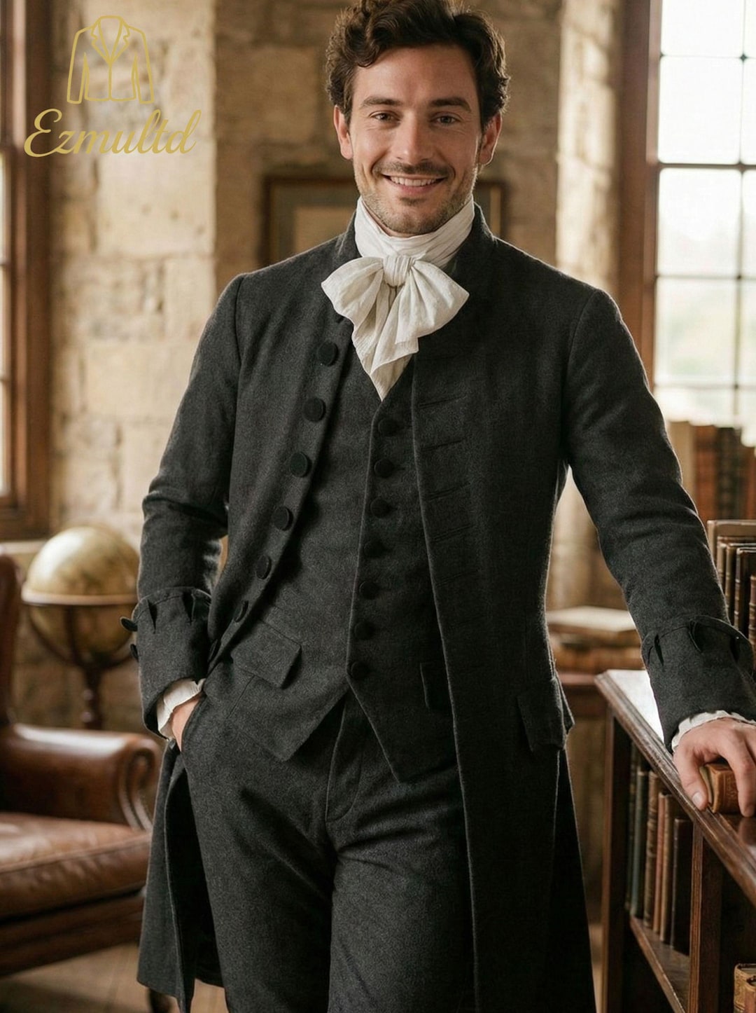 Men’s 18th Century Charcoal Wool Frock Coat Waistcoat Set Regency ...