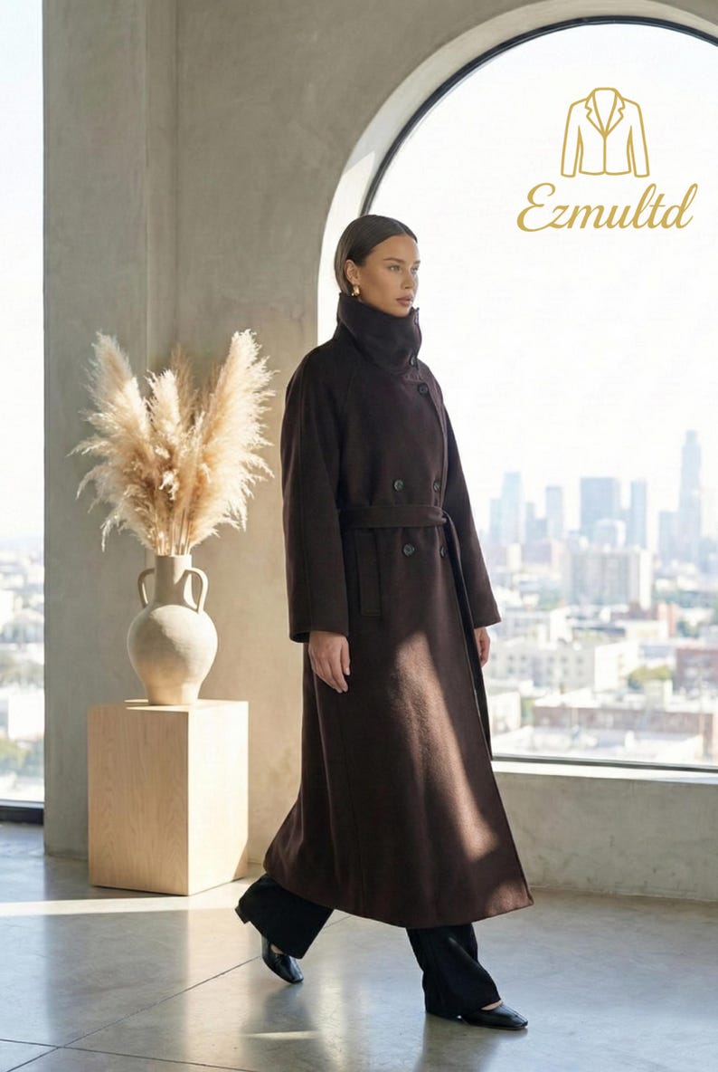 Wool Maxi Coat - Dark Chocolate Double-breasted Trench, Funnel Neck ...