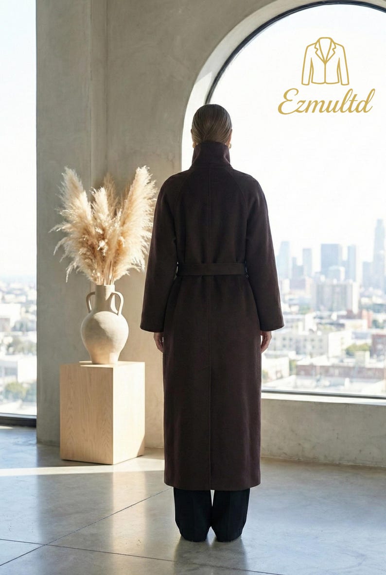 Wool Maxi Coat - Dark Chocolate Double-breasted Trench, Funnel Neck ...