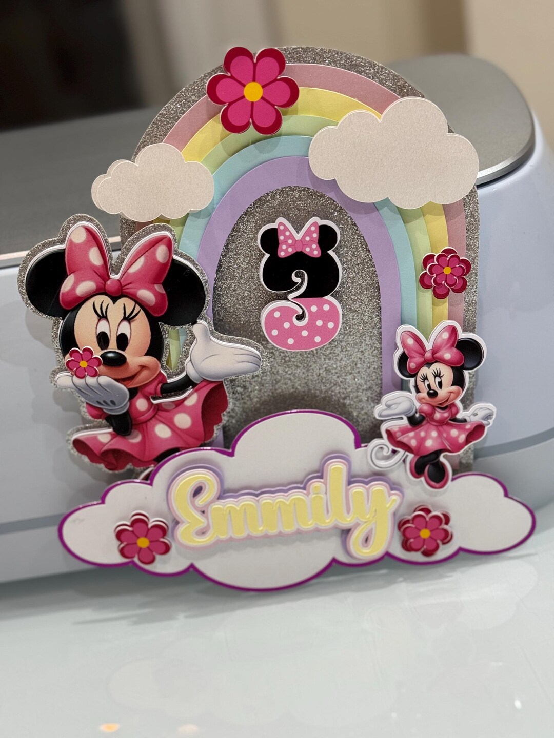 Minnie Mouse Cake Topper Personalised Topper Rainbow With Clouds 3D ...