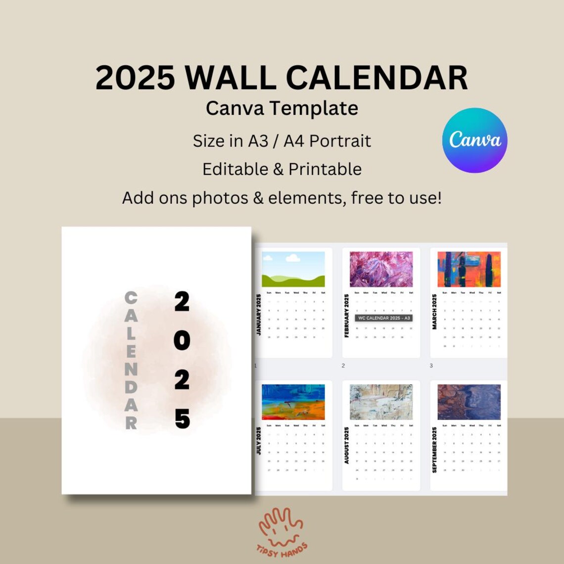 Editable 2025 WALL CALENDAR TEMPLATE 2025 Monthly Minimalist Printable ...