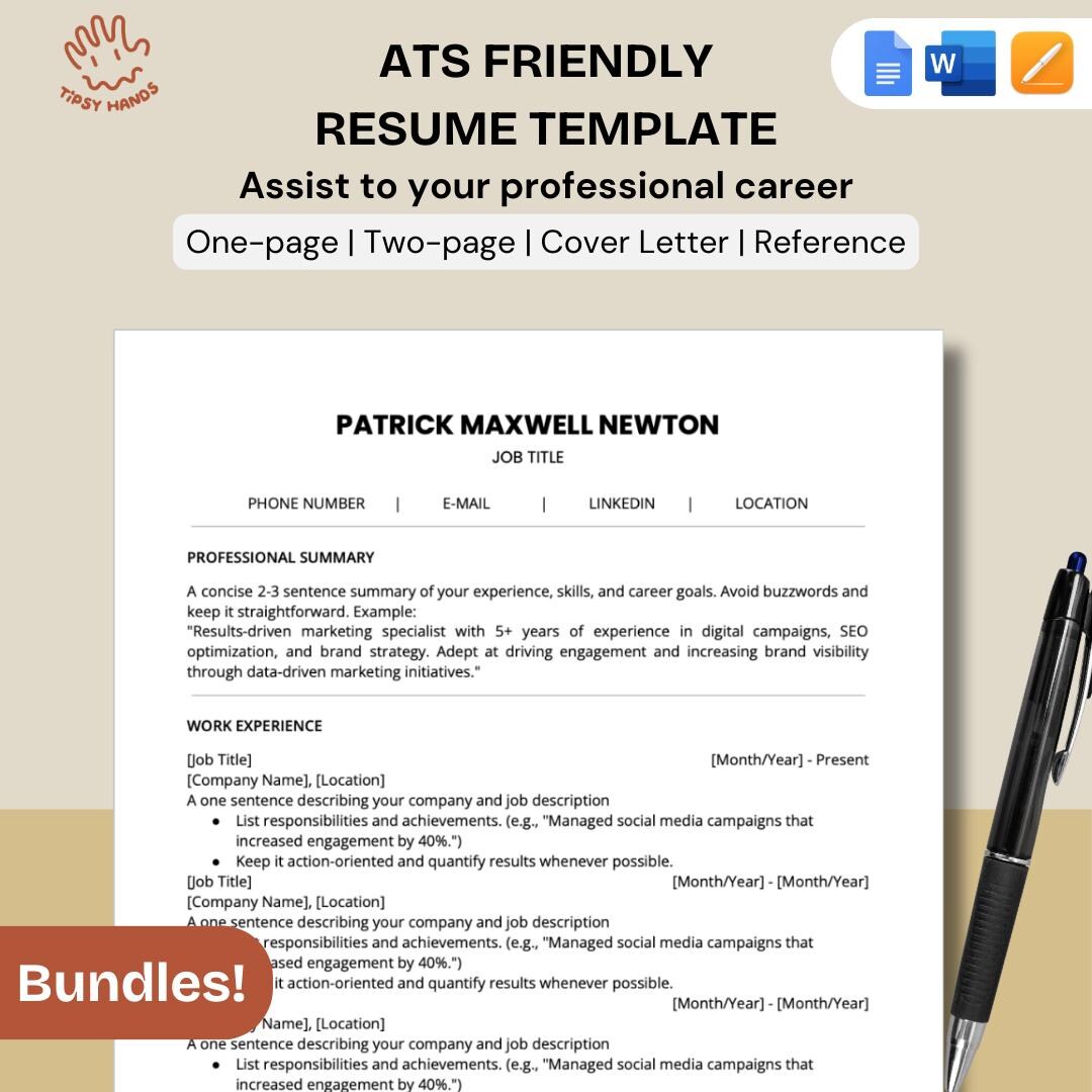 ATS Friendly Resume Template, Word Resume, Google Docs Template, Apple ...