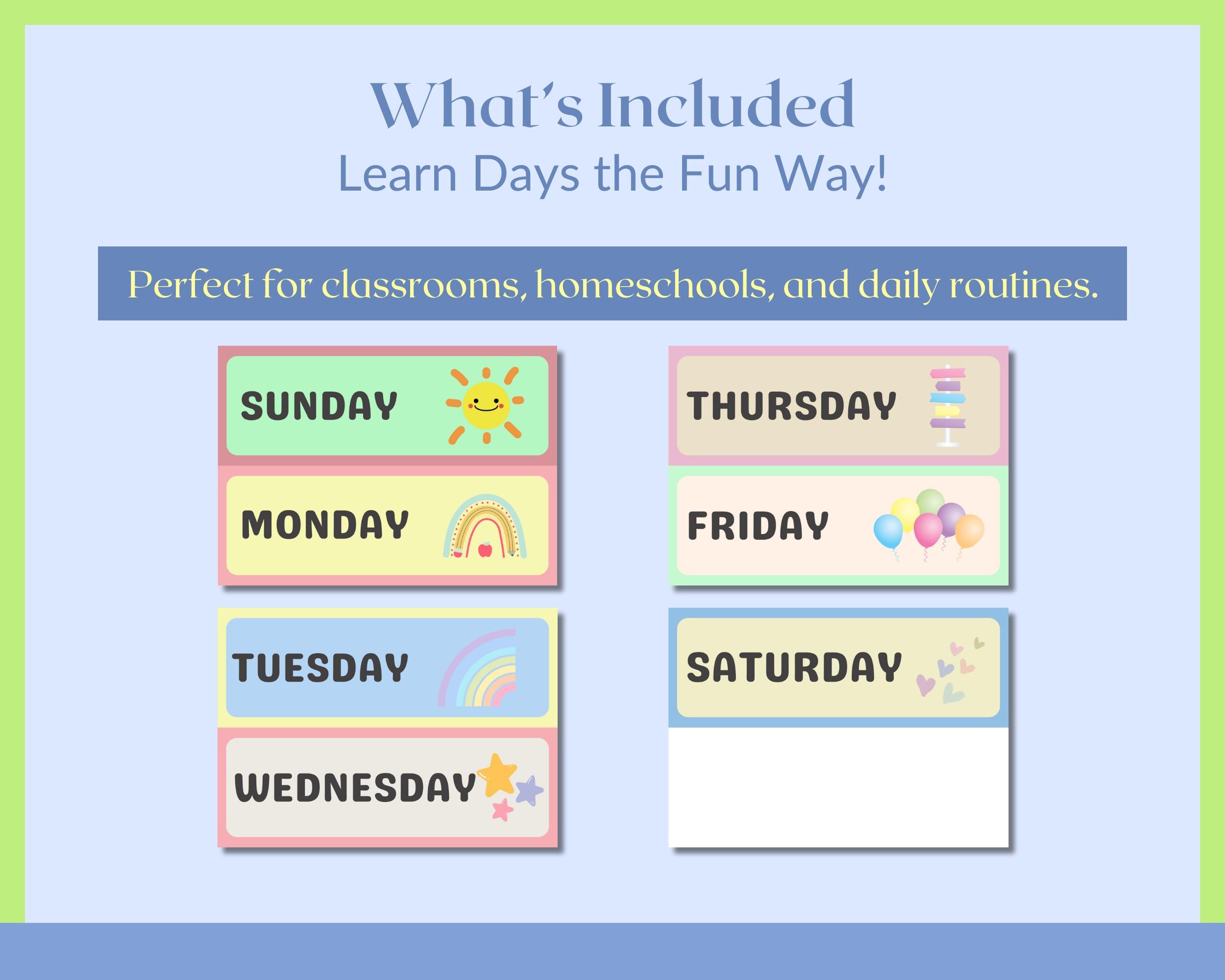 Educational Days of the Week Printable, Vibrant Fun Clssroom Labels ...