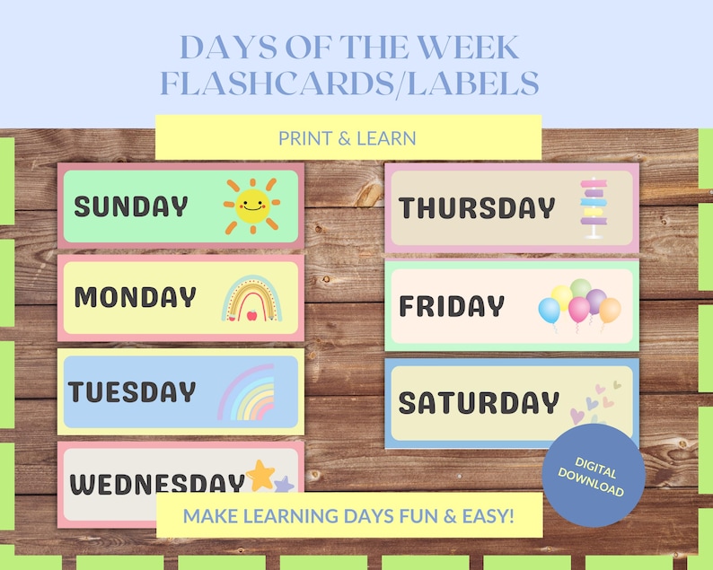 Educational Days of the Week Printable, Vibrant Fun Clssroom Labels ...
