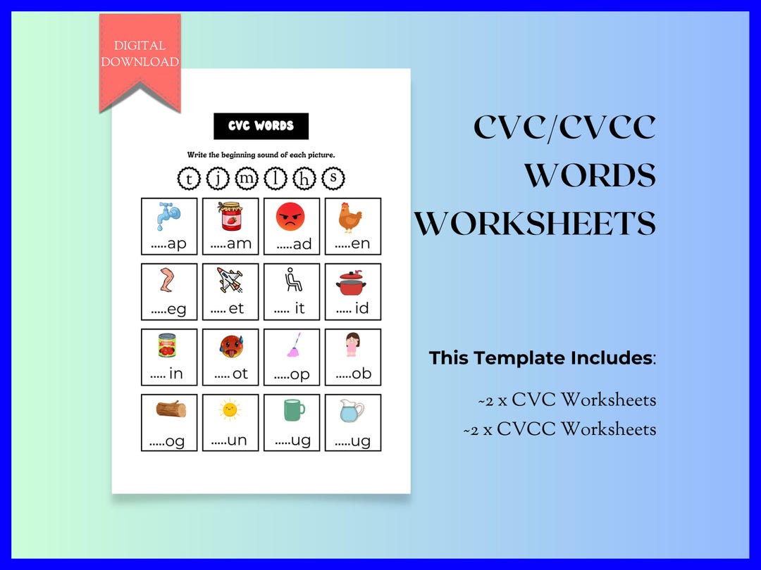 CVC Words Worksheets for Kindergarten, CVC Words Activities, CVCC Words ...