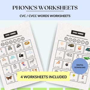 CVC CVCC Words Kindergarten Worksheets, Phonics (digital Download) - Etsy