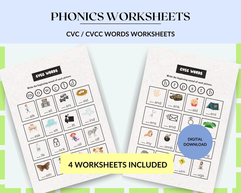 CVC CVCC Words Kindergarten Worksheets, Phonics (digital Download) - Etsy