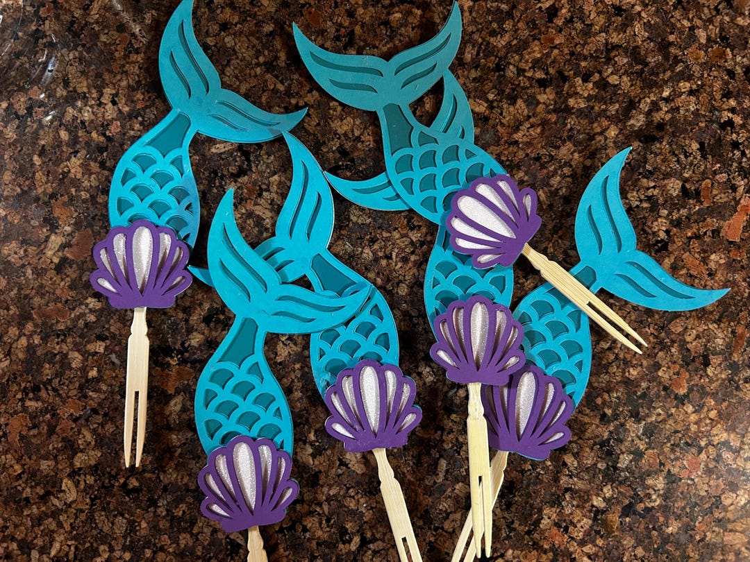 Mermaid Tail Cupcake Toppers: Layered Paper, Bamboo Fork - Ocean Party ...