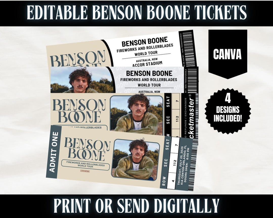 Editable Benson Boone Concert Ticket, Fireworks and Rollerblades Tour ...