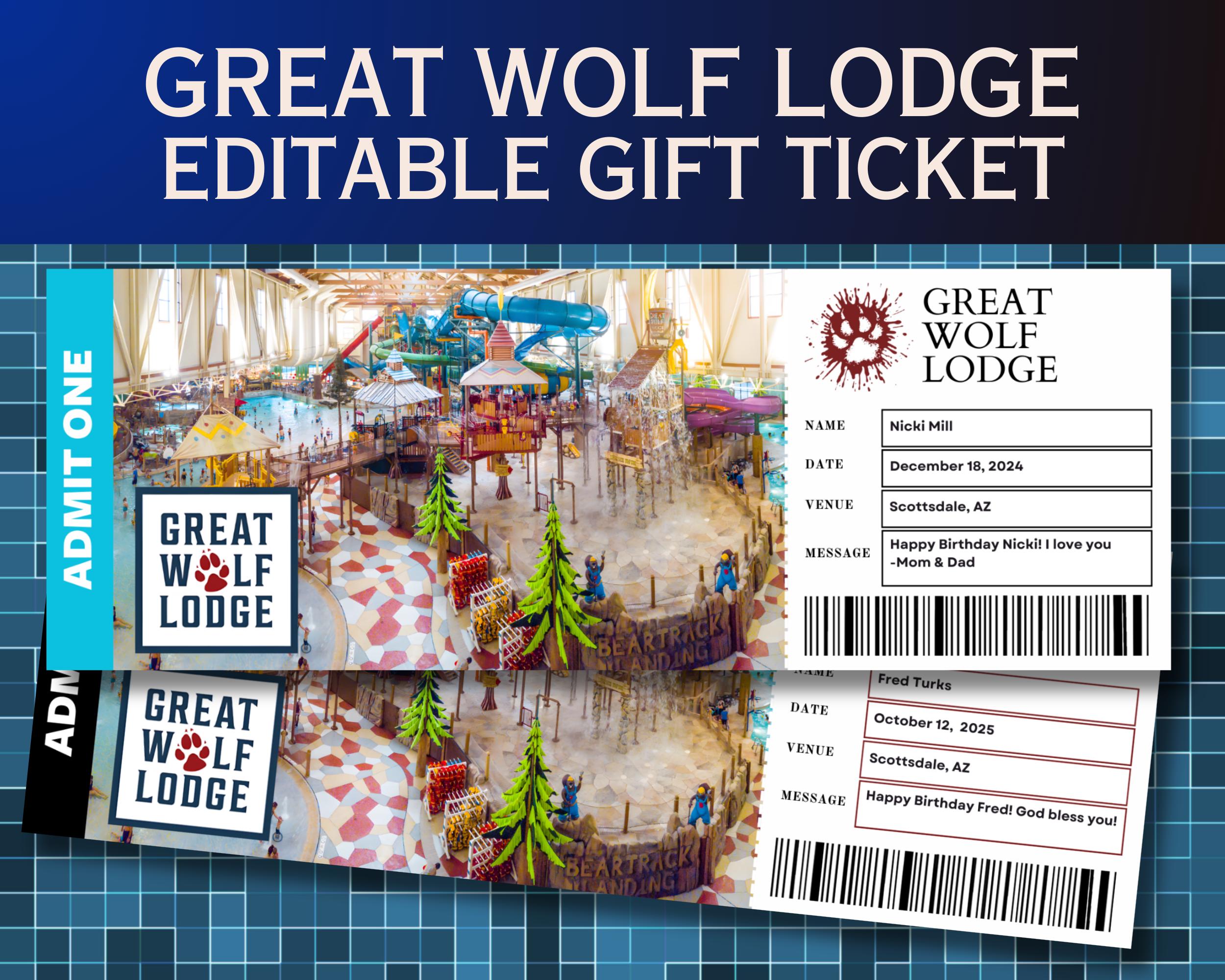 Great Wolf Lodge Ticket, Great Wolf Lodge Printable Ticket Template, Surprise Ticket Stub ...