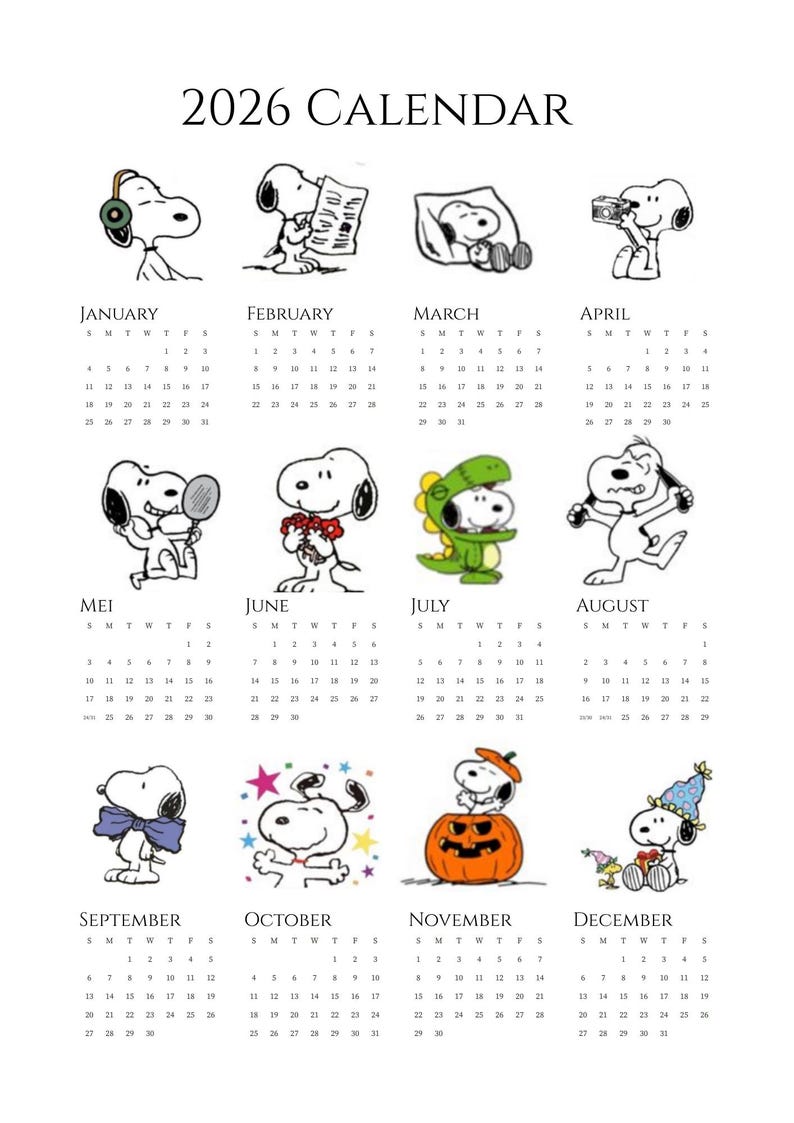 2026 Snoopy Calendar, Transparent PNG (instant Download) - Etsy