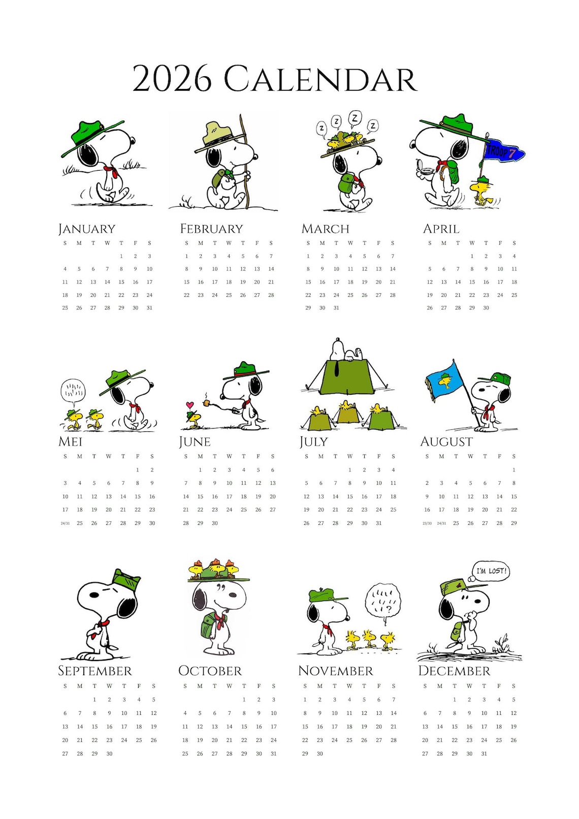Snoopy Camping Calendar 2026, Printable PNG (digital Download) - Etsy