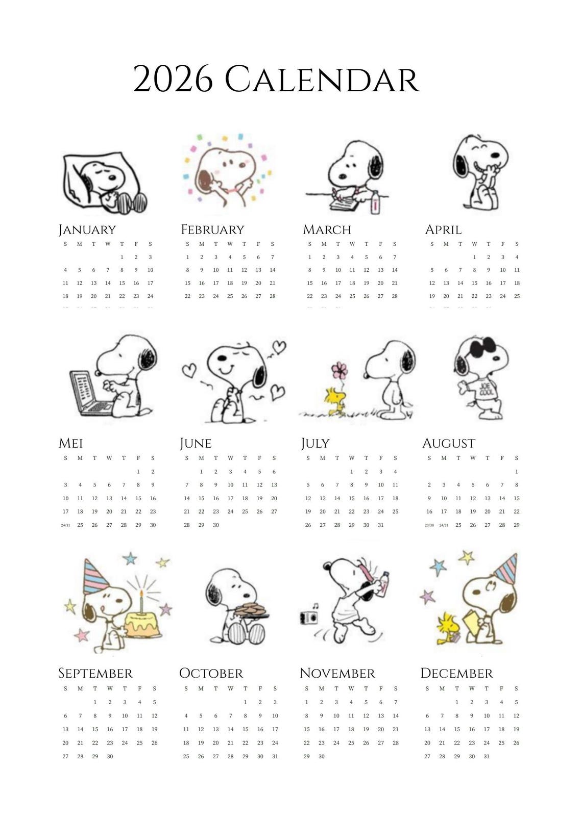 2026 Snoopy Calendar, Printable PNG, Transparent Background (digital ...
