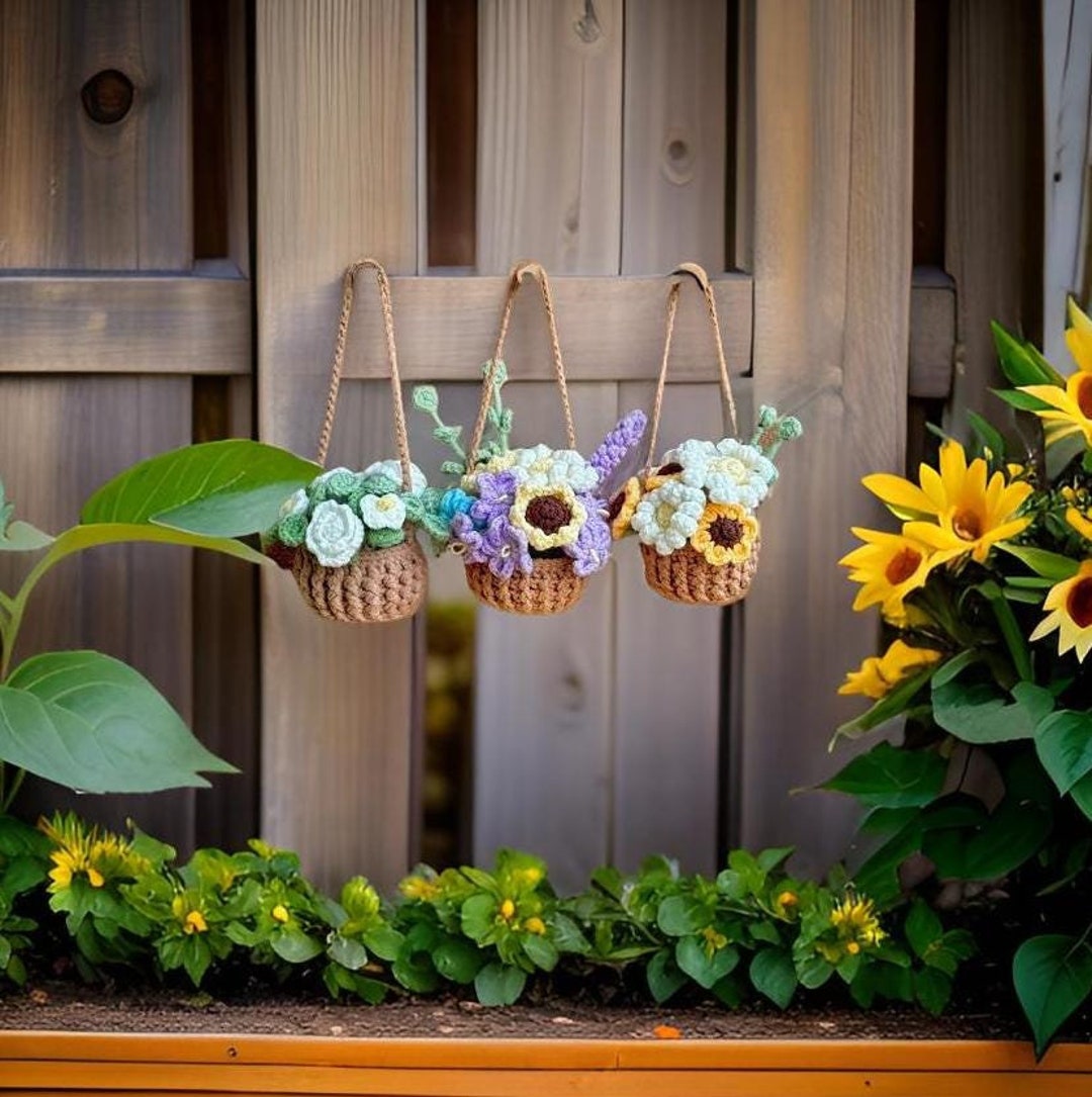 Flower Basket Hanging Crochet Pattern Sunflower, White Rose, and Daisy ...