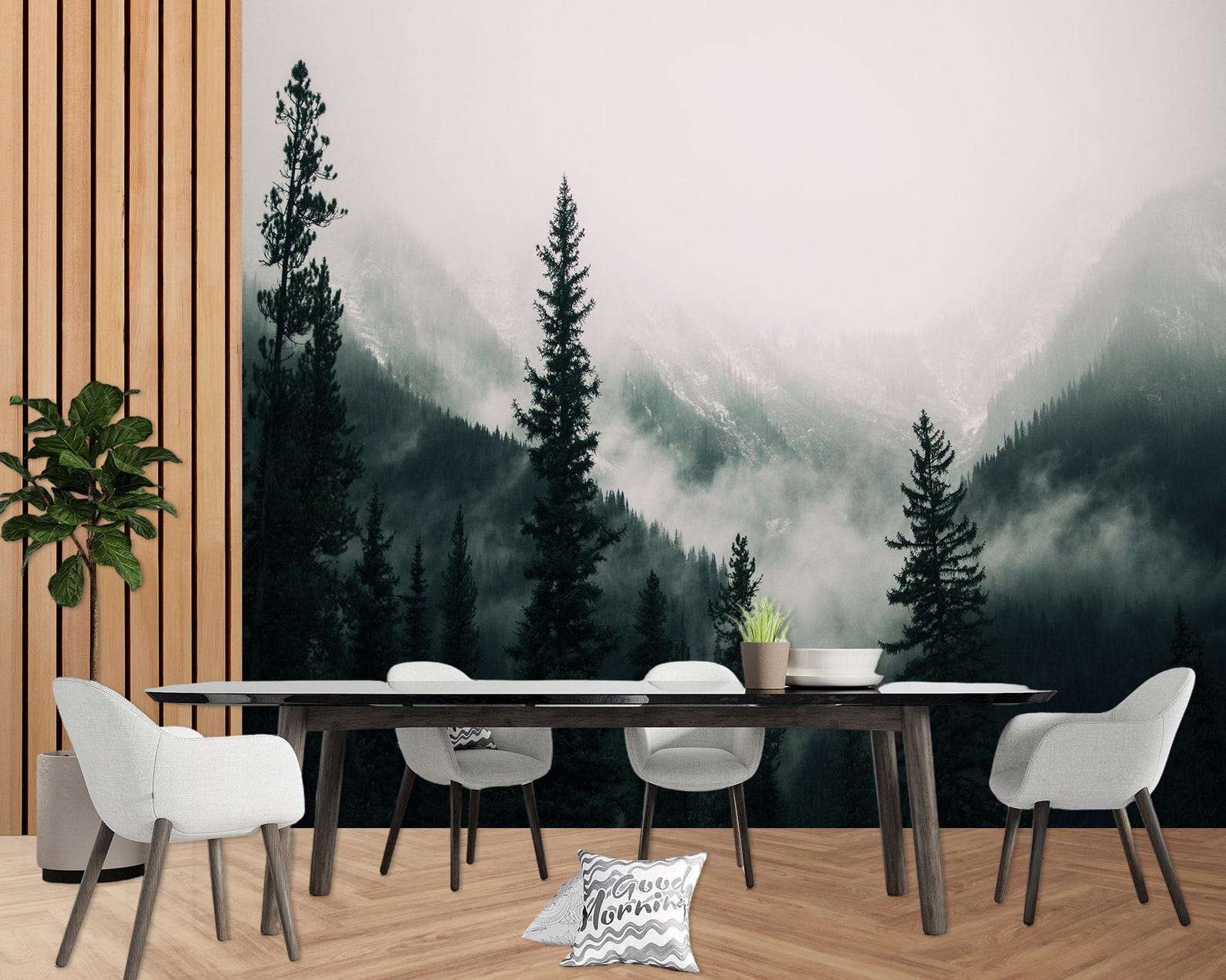 Misty Forest Trees Nature Wallpaper, Misty Forest View, Forest Mural ...