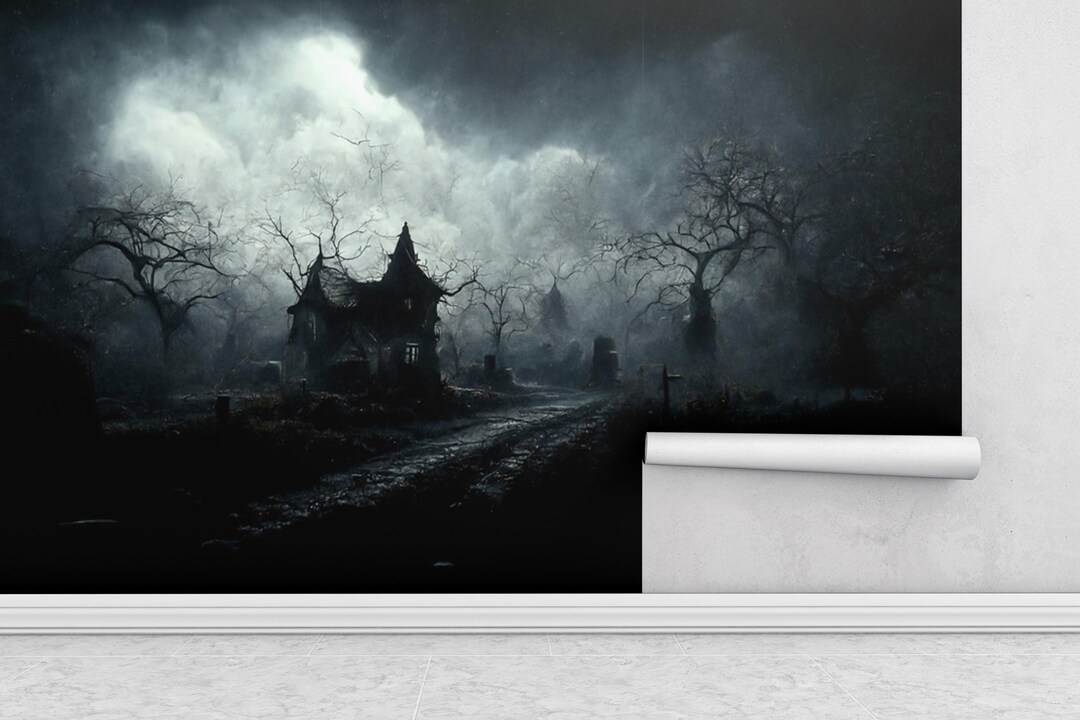 Haunted House Wall Mural, Spooky Halloween Wallpaper, Gothic Forest ...