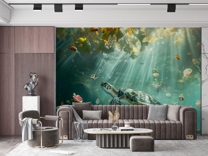Sea Turtle Underwater Wall Mural, Ocean Theme Wallpaper for Living Room ...