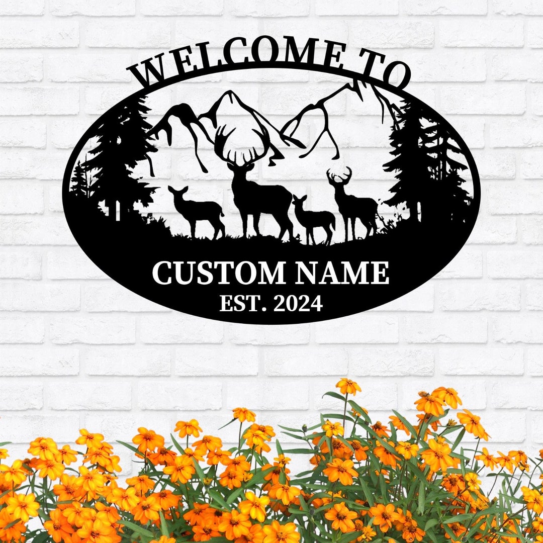 Custom Deer Metal Sign, Deer Forest Sign With Name, Deer Metal Cabin ...