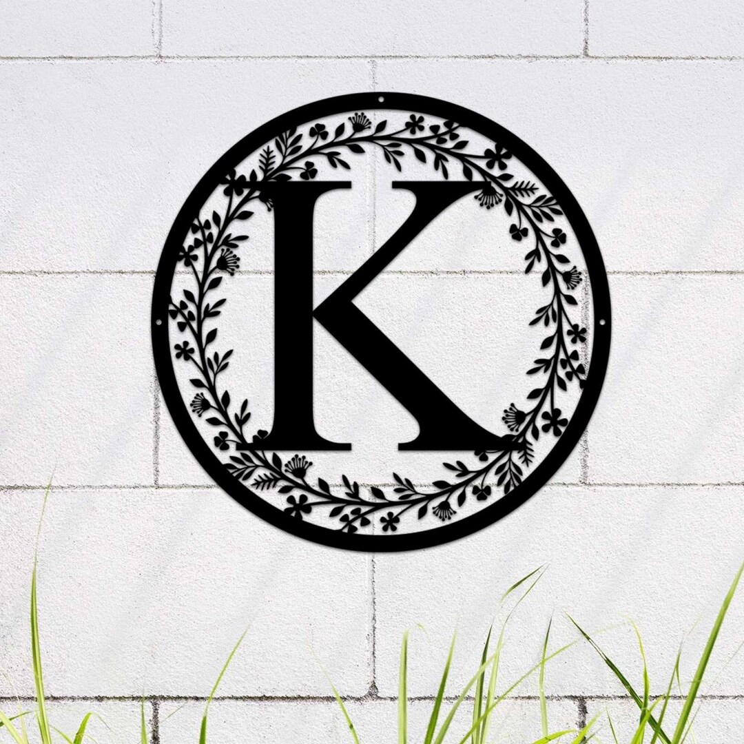Metal Circle Monogram Sign，round Initial Letter With Vines，personalized ...