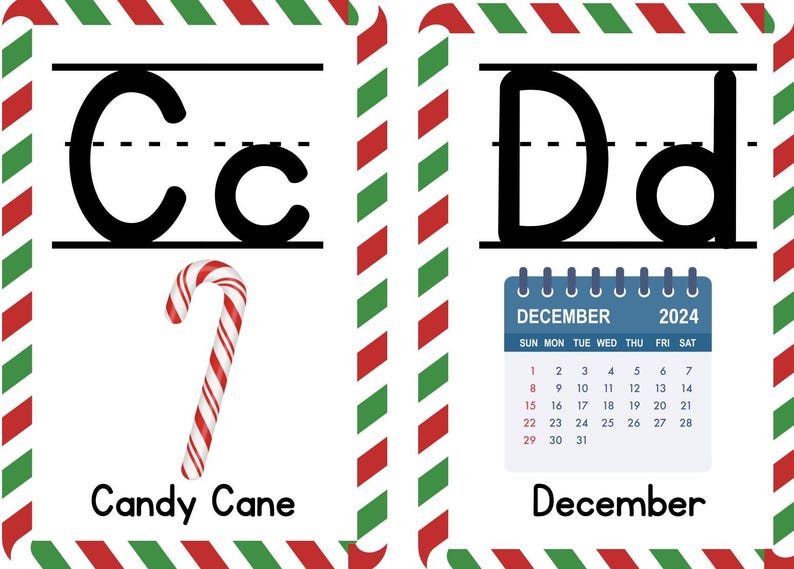 Christmas Alphabet Flash Cards with Lines With Canva Template Link - Etsy