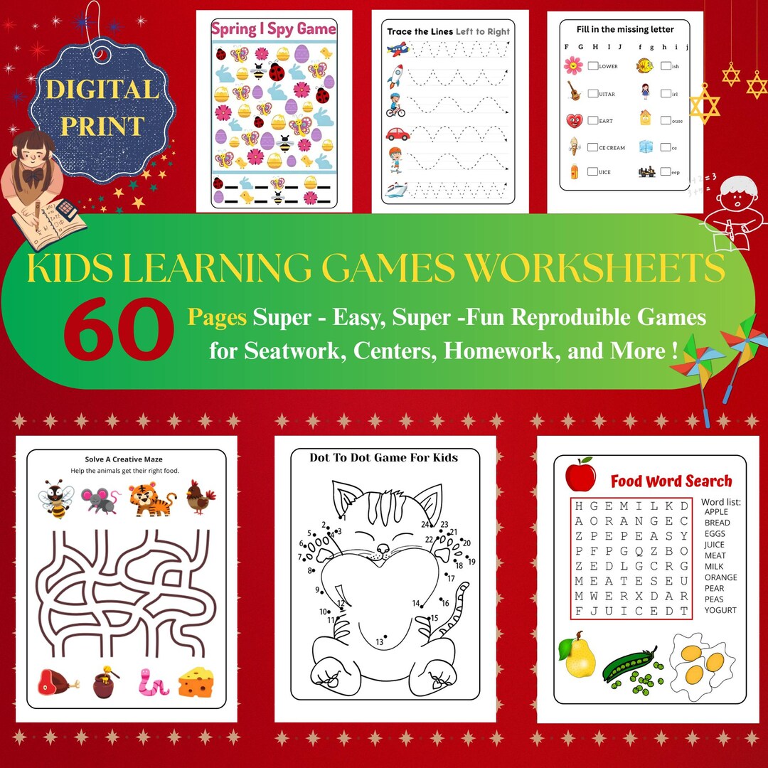 Kids Learning Games Activity, I Spy, Maze, Dot-to-dot : 60 Pages (PDF ...