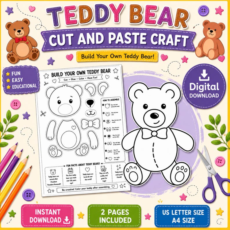 Teddy Bear Cut and Paste Craft Kit | Build Your Own Animal (digital ...