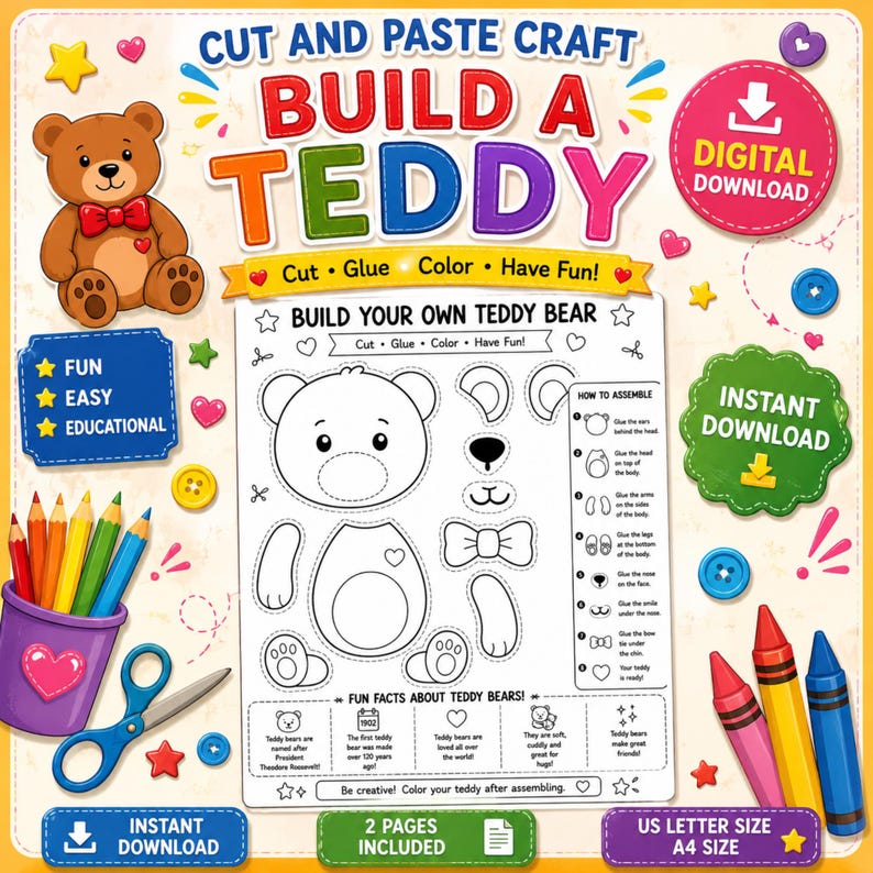 Teddy Bear Cut and Paste Craft Kit | Build Your Own Animal (digital ...