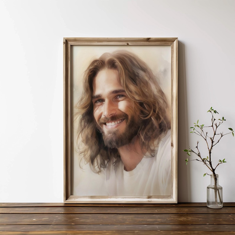 Smiling Jesus Christ Portrait, Happy Christian Art Print (digital ...