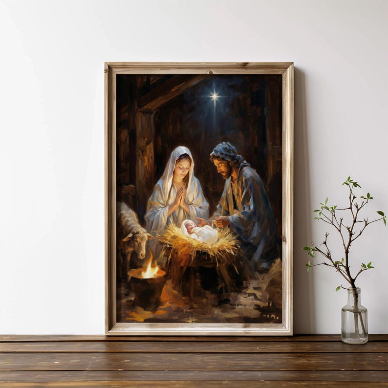Nativity Scene Mary Joseph and Baby Jesus Art Painting, Catholic Home ...