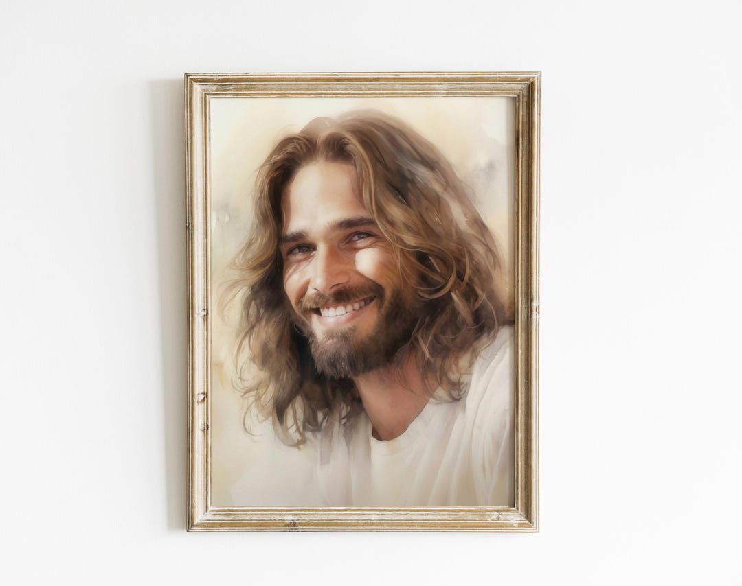 Smiling Jesus Christ Portrait, Happy Christian Art Print (digital ...