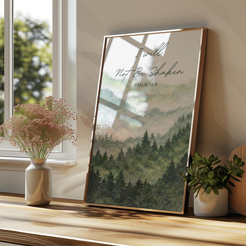 Bible Verse Pencil Sketch Wall Art, I Will Not Be Shaken Psalm 16:8 ...